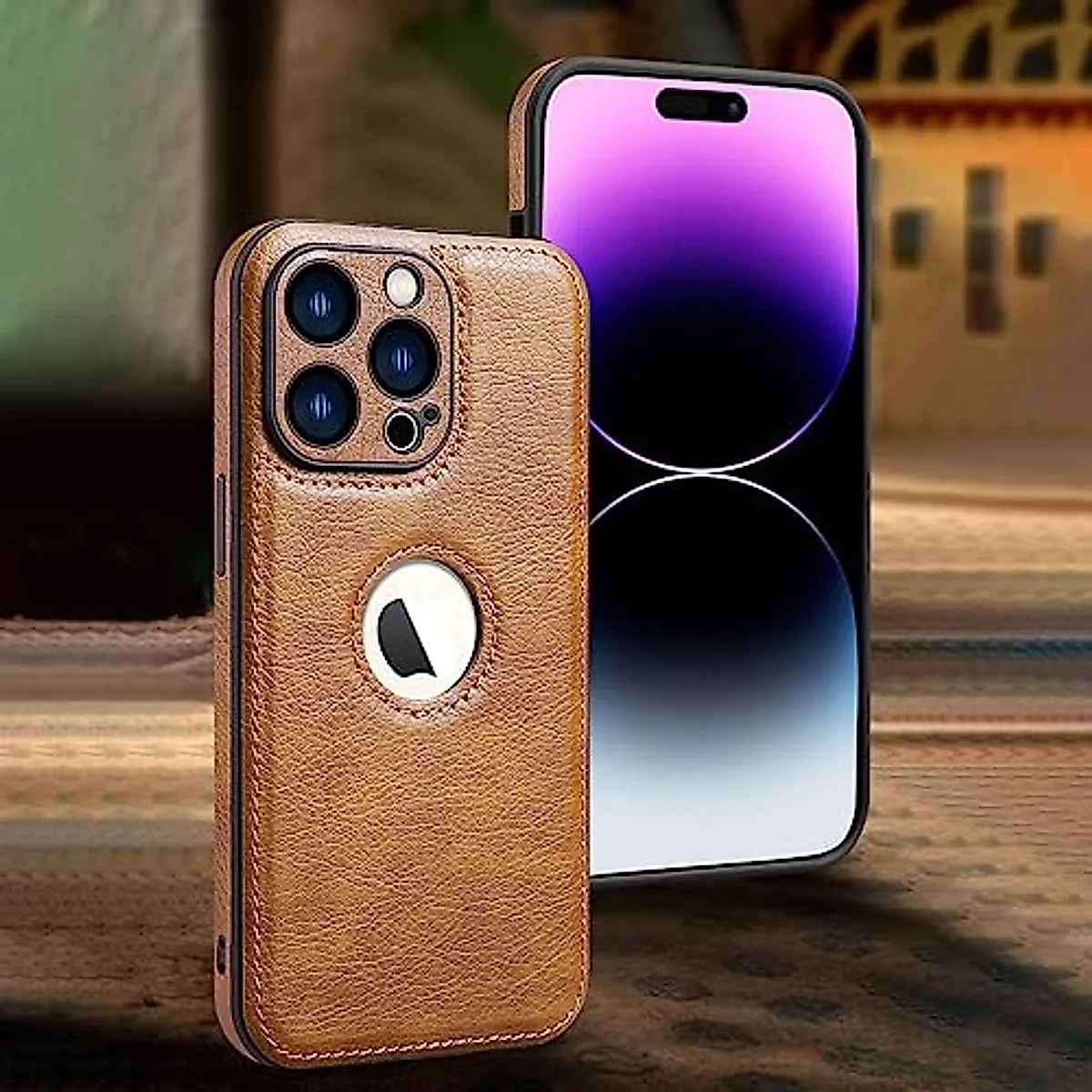 SunRemex for iPhone 14 Pro Max Case with Tempered Glass Screen Protector, Non-Slip Grip Vegan Leather Classic Luxury Elegant Thin Cover for iPhone 14 Pro Max(6.7") (Brown)