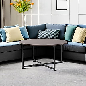 Household Essentials Jamestown Round Coffee Table Mid Century Walnut Wood Grain and Black Metal