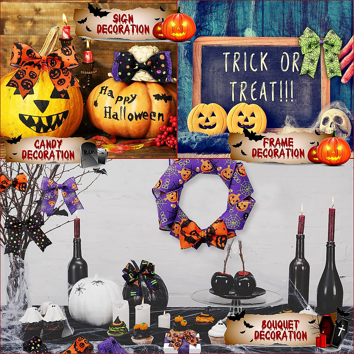 6 Rolls 30 Yards Wired Edge Ribbons - Bat Spider Web Printed Ribbons with Witch Legs, Skull, Pumpkin Designs - Perfect for Halloween Home Decor, Wreaths, DIY Crafts and Floral Bows