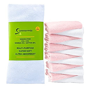 SUMMERMIA Bamboo Washcloths 13" x 13" (2 x 12 Pack) - Soft Wash Cloths for Your Face Towel, Wash Cloths for Your Body (White + Blue + Pink)