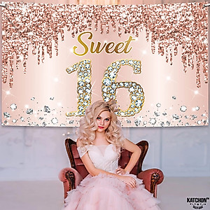 KatchOn, Sweet 16 Banner Rose Gold - Large, 72x44 Inch | Sweet 16 Party Decorations | Sweet 16 Backdrop, Sweet 16 Decorations for Girls | Sweet 16 Birthday Banner for Sweet Sixteen Party Decorations