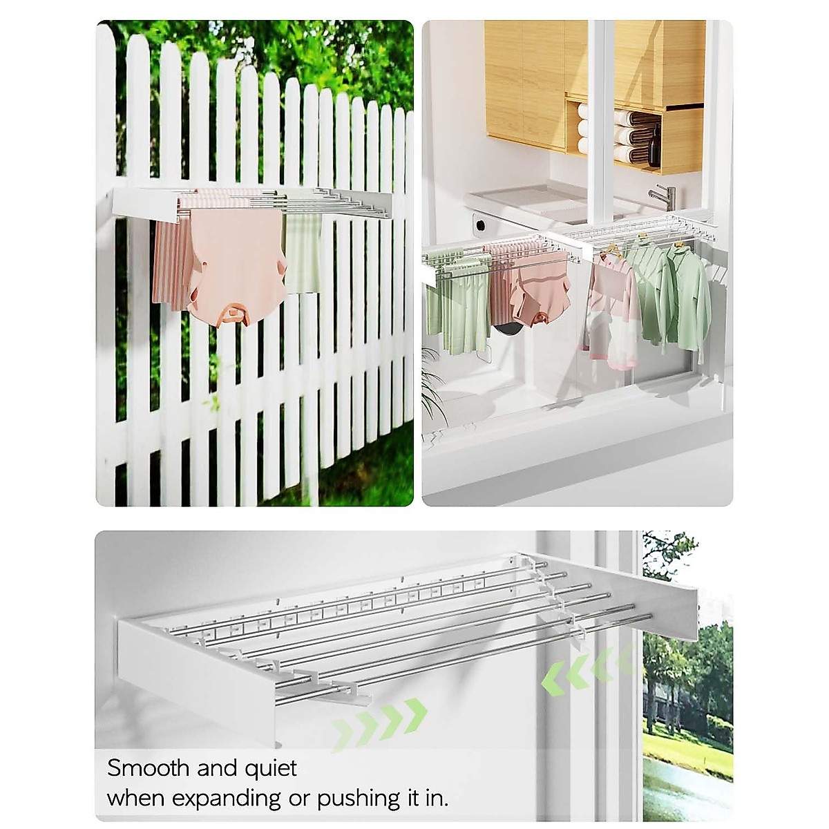 Vikaqi Wall Mounted Clothes Drying Rack 40 inches, Foldable Wall Mount Laundry Drying Rack Folding Indoor, Drying Rack Clothing Collapsible, Towel Drying Rack with Wall Template, 6 Rods, White