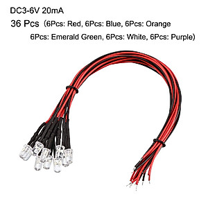 uxcell 36pcs Mixed Colour 5mm LEDs Prewired Light DC3-6V 20cm Pre Wired LED