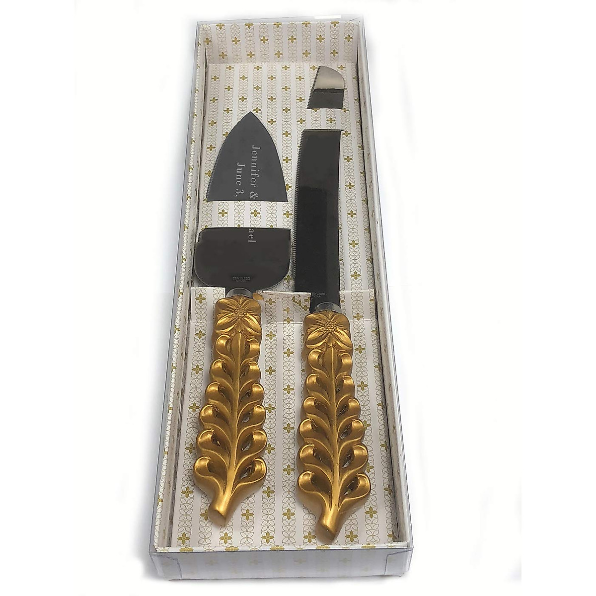 FASHIONCRAFT Personalized, ENGRAVED Gold Lattice Wedding Cake Serving Set - Knife & Server, Silver Engraving