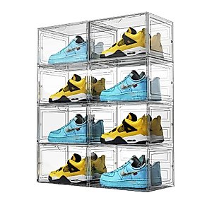 OMOPIN XL Shoe Storage Box,8 Pack Drop Side Shoe Boxes Clear Plastic Stackable,Sneaker Display Case with Magnetic Door Fit up to US 13（13.4”x 10.6”x 8.3”(8 Pack Clear)