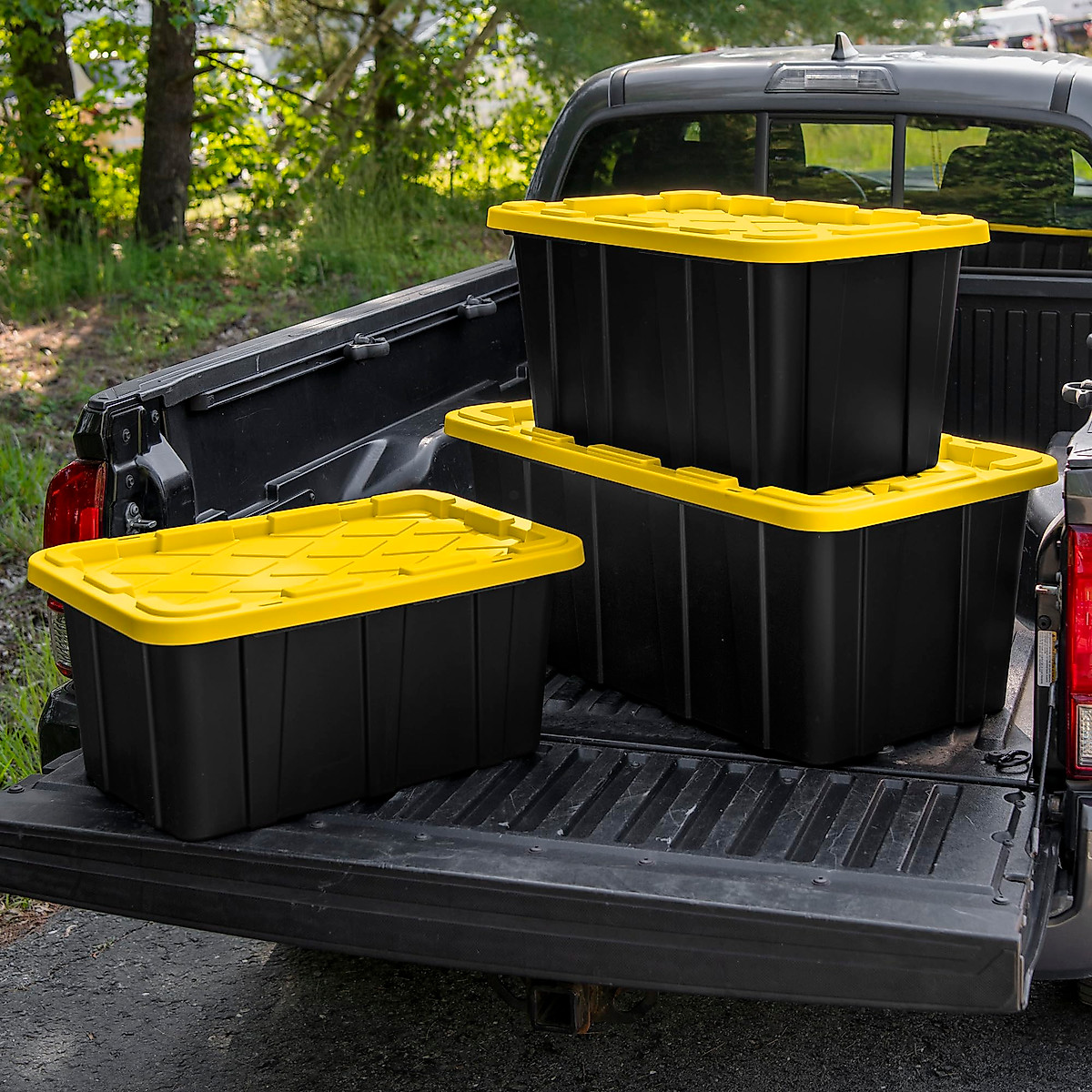 Sterilite 27 Gallon Industrial Stackable Storage Tote Snap-Fit Lidded Home Garage Organization Container with Carrying Handles, 6 Pack, Black/Yellow