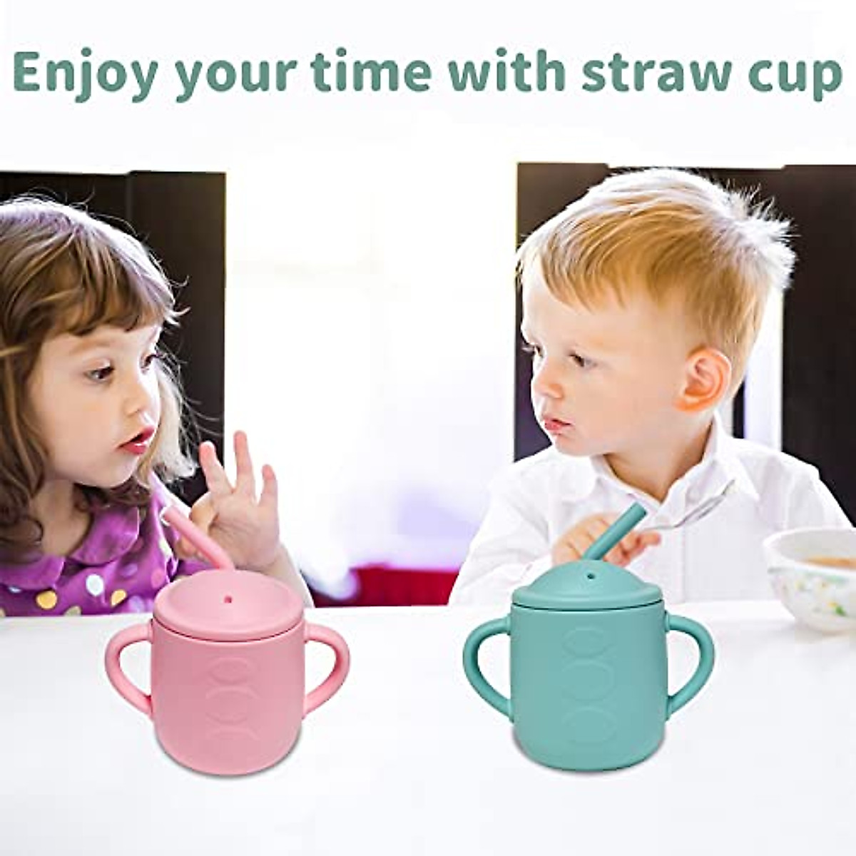 Adocham 100% Silicone Baby Cup With Straw & 2 Handles,Food Grade Toddler Infant Sippy Training Cups Spill Proof,BPA-Free,6 Months+,5oz (Cyan)