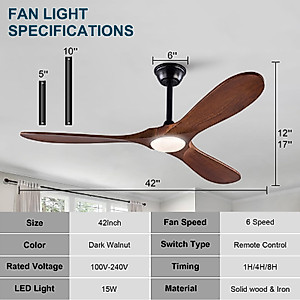 XBIBI 42 Inch Ceiling Fans with Lights and Remote,Wood Ceiling Fan with Lights,Modern Ceiling Fan Light with 3 Blade,6 Speed DC Motor Indoor Outdoor Ceiling Fan for Patio,Living Room,Bedroom