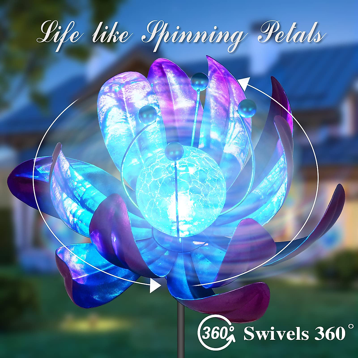 AIINY Solar Purple Metal Flower Wind Spinners, Colorful Spinning Windmill Lotus Yard Art Lights Wind Pinwheels with LED Crystal Ball Decorative Stake Lighting Flower Sculpture
