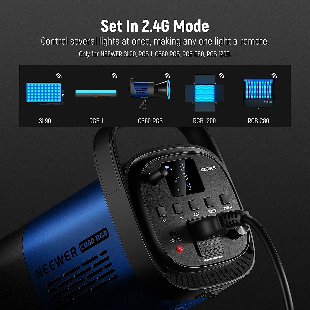 NEEWER CB60 RGB 70W LED Video Light with App Control, Bowens Mount COB Full Color Continuous Output Lighting 18000Lux/1m CCT 2700K-6500K CRI97+ 17 Scenes for Photography/Studio Video Recording (Navy)