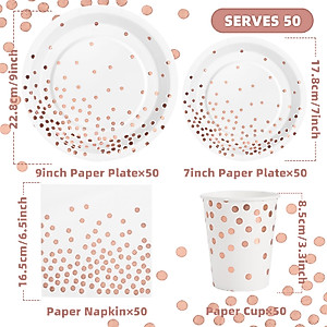 Gudvilla 200PCS Rose Gold Plates and Napkins Party Supplies,Rose Gold Party Decorations Serve 50 Guests,Gold Polka Dots Paper Plates for Retirement Wedding Decorations-Rose Gold Birthday Plates