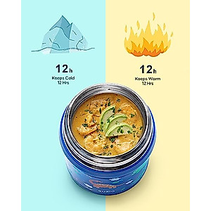 BUZIO Insulated Food Container for Kids Adult, 12oz Stainless Steel Vacuum Insulated Kids Food Jar with Folding Spoon, Leak Proof, Vacuum Insulated Thermo, Portable Food Bowl, Blue Dinosaur
