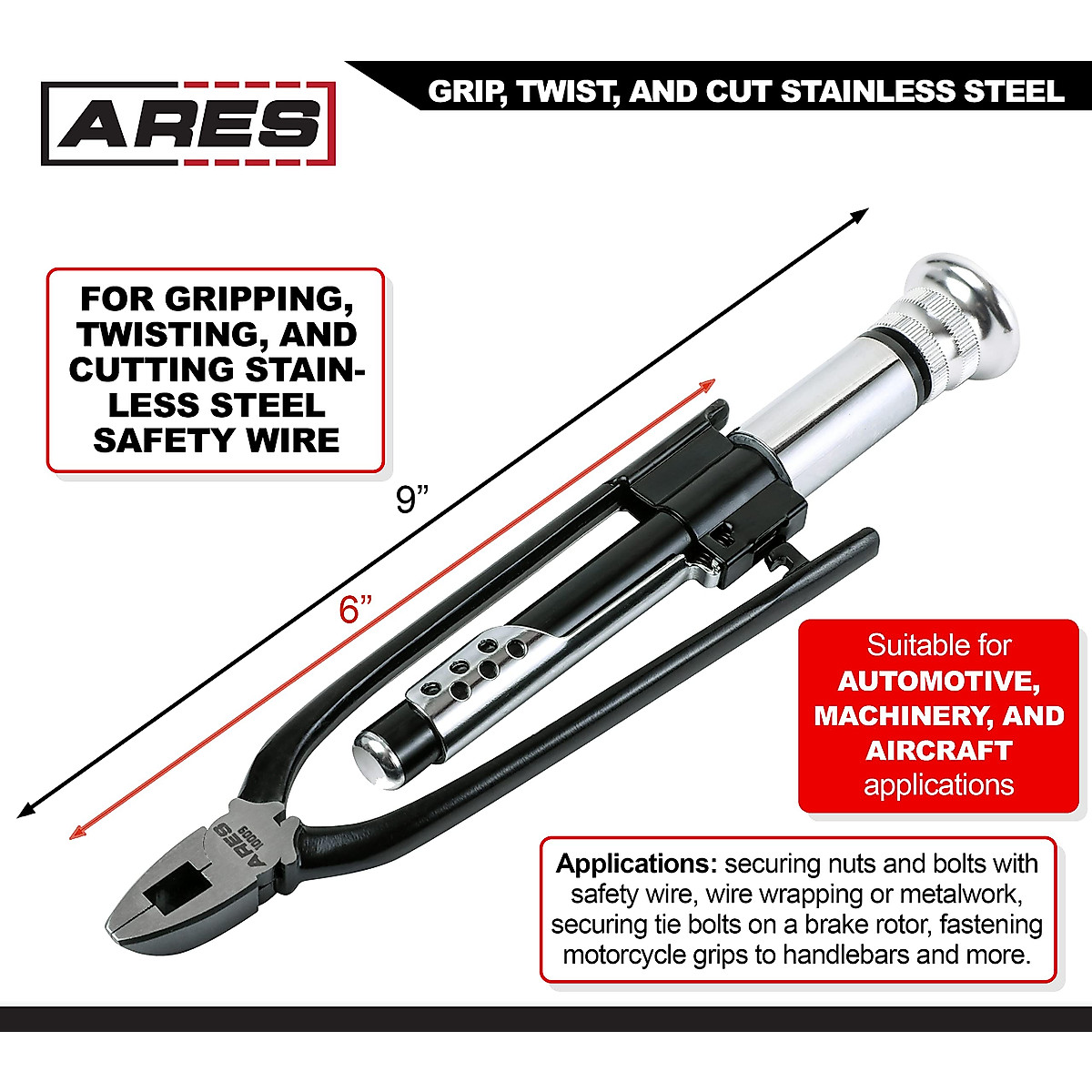 ARES 10009-6-inch Reversible Wire Twister Pliers - Auto Return - Untwist Tool can Grip, Twist, and Cut Stainless Steel Safety Wire on Vehicles, Machinery, and Aircraft