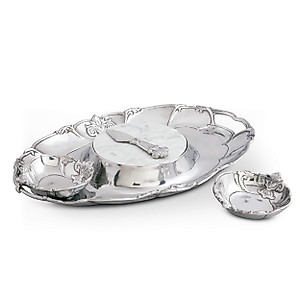 Arthur Court Designs Aluminum Fleur-De-Lis 5-Piece Entertainment Cheese Chip and Dip - Two Bowls, Spreader, Marble, Tray 20 inch x 13 inch
