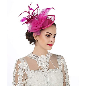 SAFERIN Fascinator for Women Hair Clip Hat Bowler Feather Flower Veil Wedding Party Hat Tea Hat（TA4-Fuchsia）