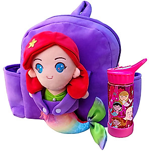 Q&M Novelties Mermaid Backpack & Bottle -11.5” Roomy Preschool Kids Backpack, Toddler Mermaid Toys, Stuffed Plush Mermaid Doll Toy, Mermaid Gifts for Girls Age 3, 4, 5, 6 (Mermaid Plush - Purple)