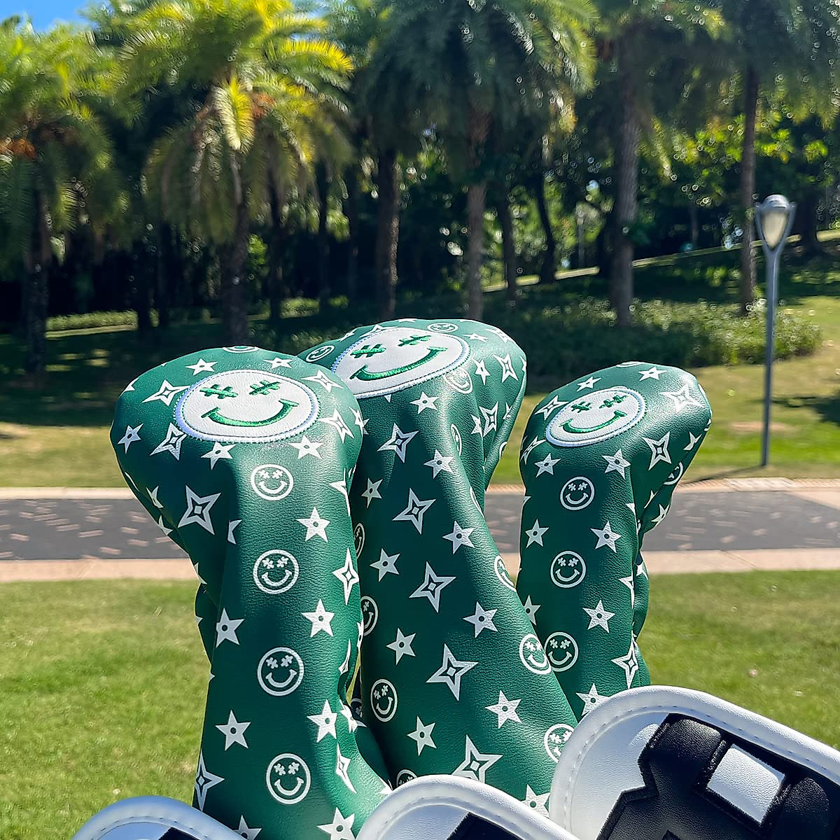 Stars and Smiles Golf Driver Headcover, Green Leather Golf Club Covers for Driver,460cc Golf Driver Cover Head Cover fits for All Brand
