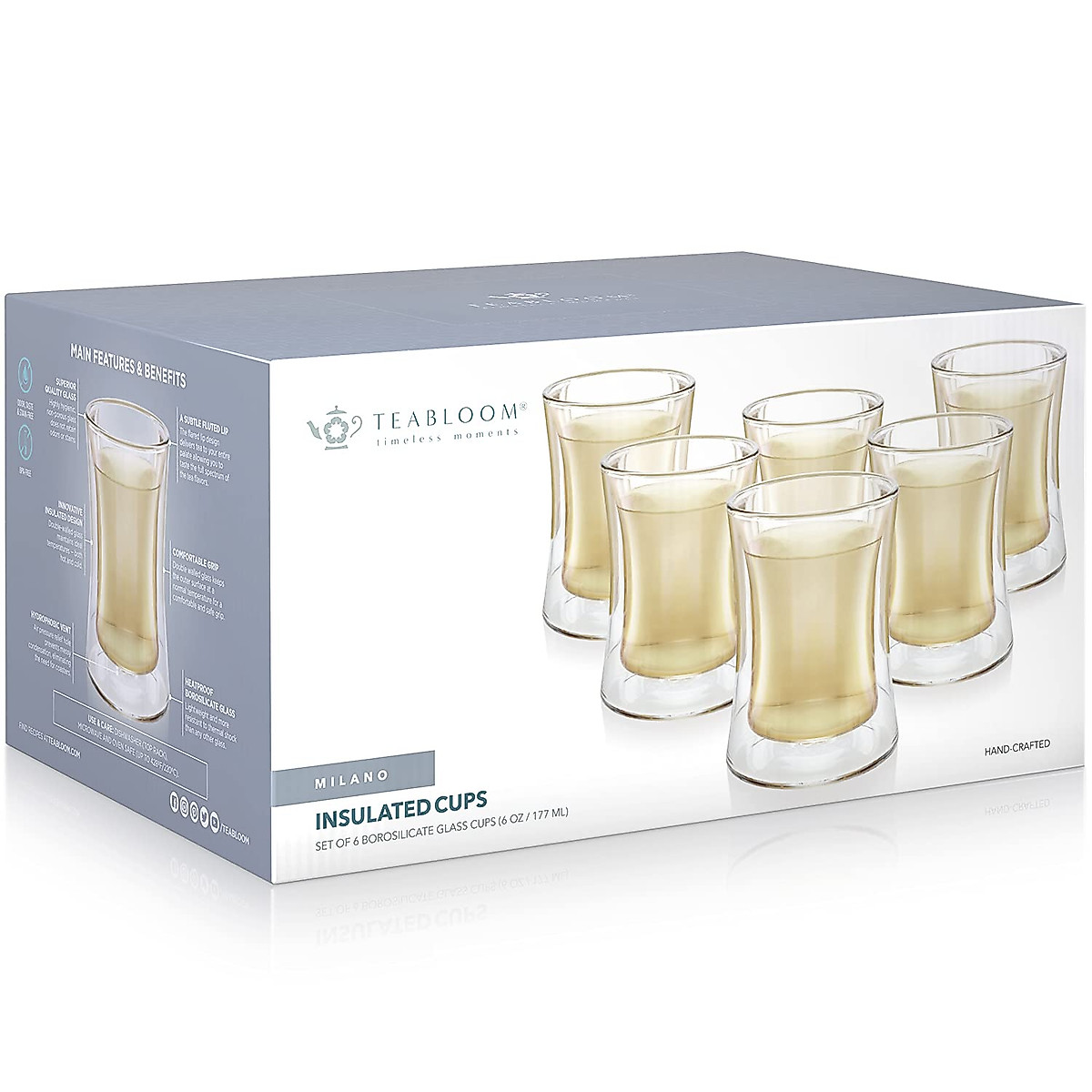 Teabloom Modern Insulated Turkish Tea Glasses - Set of 6 Double Walled Glass Teacups (6 oz / 177 ml)