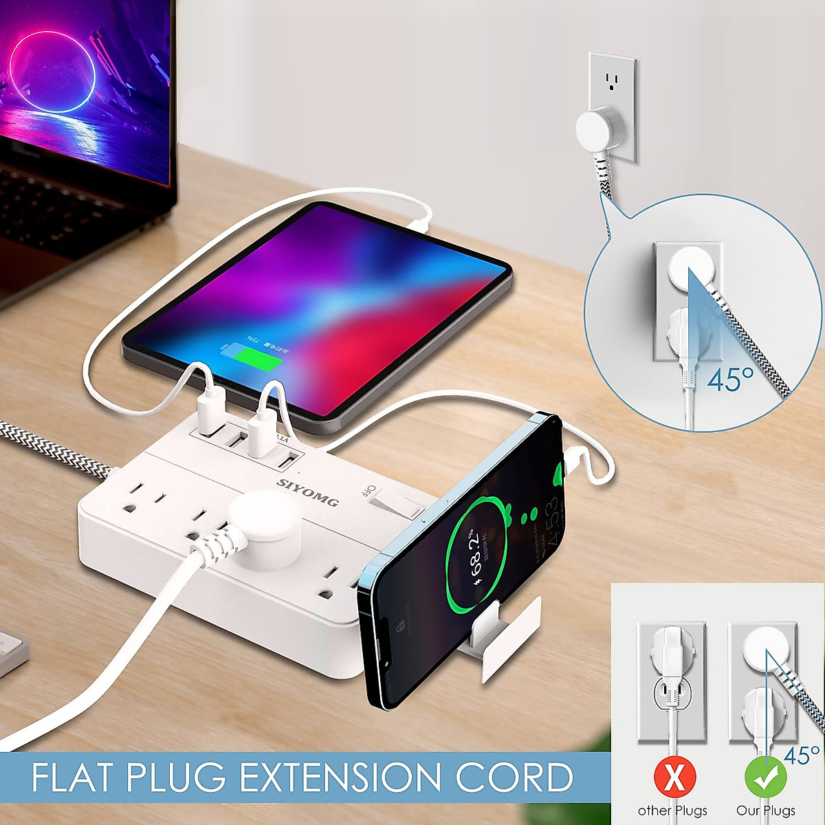 SIYOMG Power Strip, 5 FT Braided Extension Cord with Flat Plug, 4 Widely AC Outlets and 4 USB Ports, Charging Station for Dorm Home Office Travel, White