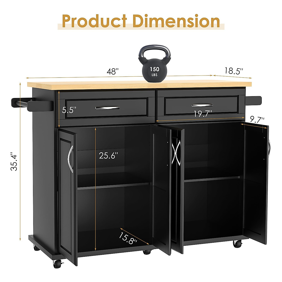 HUEOFGP Kitchen Island Cart with Storage Kitchen Carts on Wheels with Drawer and Cabinet, Wood Countertop, Rolling Island Table for Kitchen (Black)