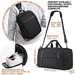 AGLAUS Tourenne 45L Travel Duffel Bag Foldable Weekender Sport Gym Duffle Carry On Luggage with shoe compartment wear/tear resistant water repellent 1680D Ballistic polyester - Black