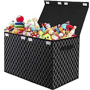 Toy Chest Box Organizer Bins for Boys Girls, Kids Large Collapsible Storage Box Container Sturdy with Fabric Flip-Top Lid & Handles for Clothes,Blanket,Nursery,Playroom,Bedroom,Stuffed Animals 24.5x13x16 (Black)