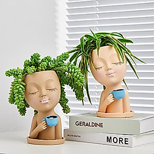 Face Planters Pots Head Planters for Outdoor Plants, Funny Cute Resin Coffee Girl Face Succulent Pots Planter Cactus Planter with Drainage Hole Closed Eyes for Indoor&Outdoor Planter (Style#477A1)