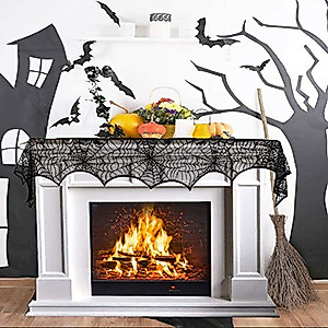 GKkakuto Halloween Cobweb Fireplace Scarf, Black Lace Spiderweb Mantle Scarf for Halloween Home Party Supplies, 18 x 96 inch