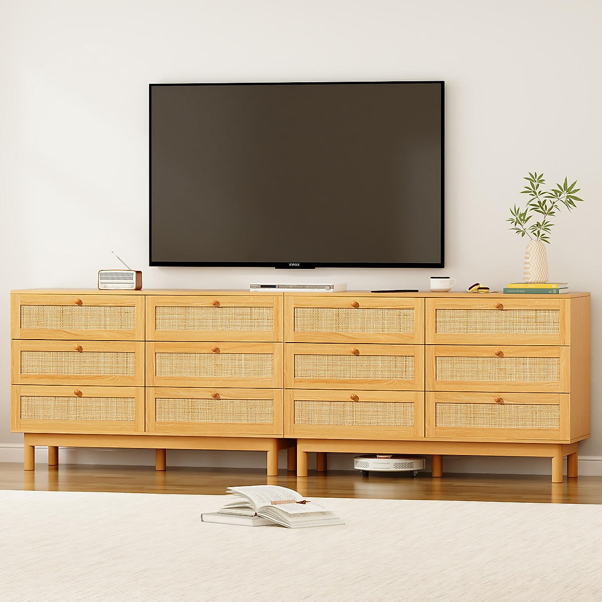 DHMAKER 6 Drawer Rattan Dresser, 48" Modern Double Dresser for Bedroom, Wide Chest of Drawers, Wood Storage Cabinet for Bedroom, Entryway, Living Room, Hallway