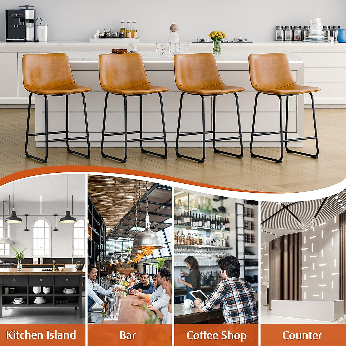 REONEY Bar Stools Set of 4, PU Leather Counter Height Bar Stools, 26" Modern Bar Stools with Metal Legs and Footrest, Urban Armless Dining Chairs with Backrest for Kitchen Island (Brown)