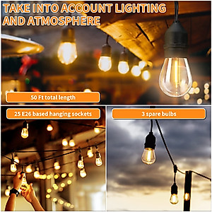 Hassoft S14 Outdoor String Lights - 28 LED Bulbs (3 spares), Outdoor Lights - 48.5 Ft, Patio Lights - Material Upgrade, Certified as Commercial Outdoor Lighting Products by ETL