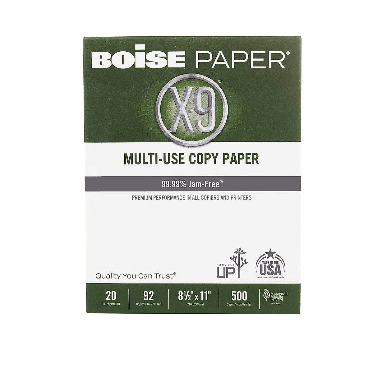 Boise® X-9® Multi-Use Print & Copy Paper, Letter Size (8 1/2" x 11"), 92 (U.S.) Brightness, 20 Lb, White, 500 Sheets Per Ream, Case Of 10 Reams