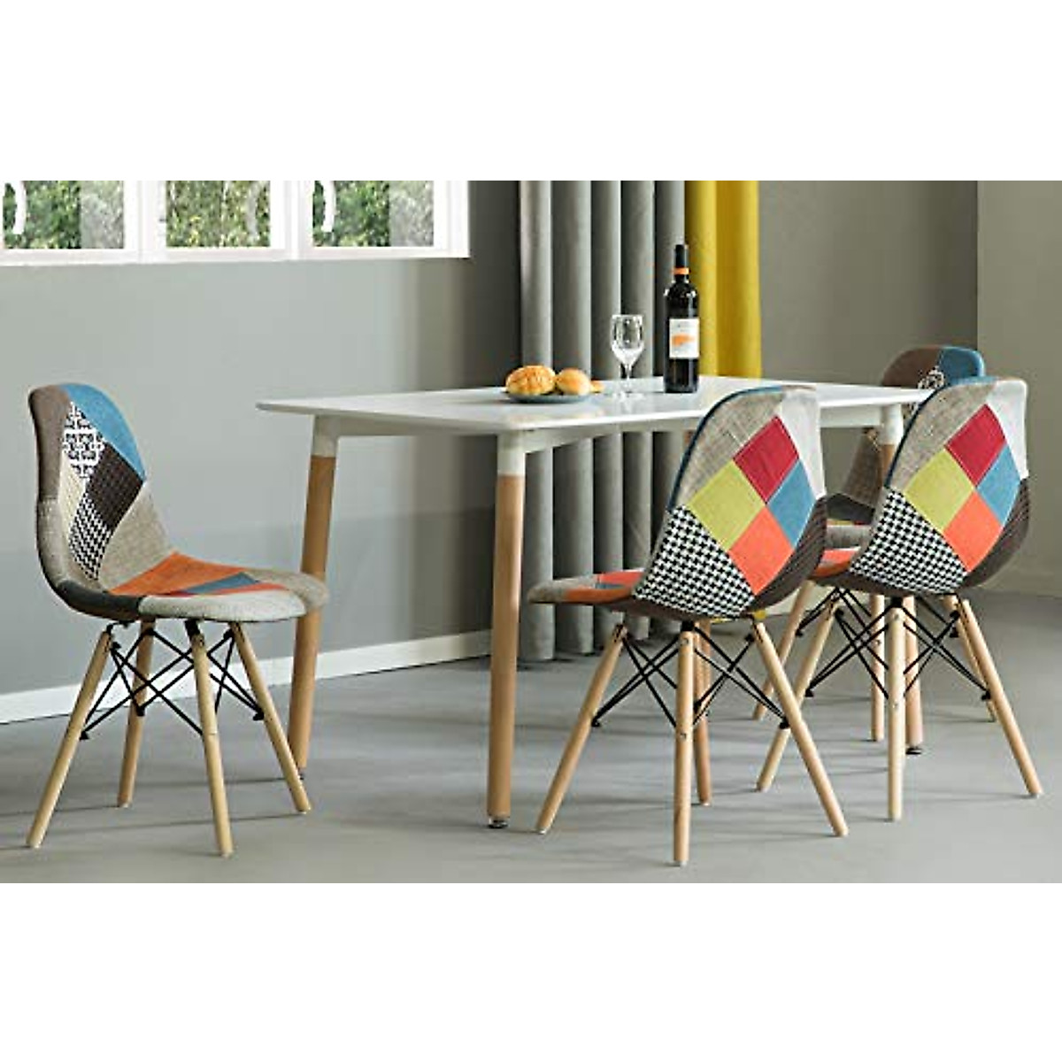 Mid-Century Modern Upholstered Plastic Multicolor Fabric Patchwork DSW Shell Dining Chair with Wooden Dowel Eiffel Legs