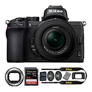 Nikon Z 50 DX-Format Mirrorless Camera with NIKKOR Z DX 16-50mm f/3.5-6.3 VR Lens Bundle with Mount Adapter and 64GB Extreme PRO 200MB/s SDXC UHS-I Memory Card (3 Items)