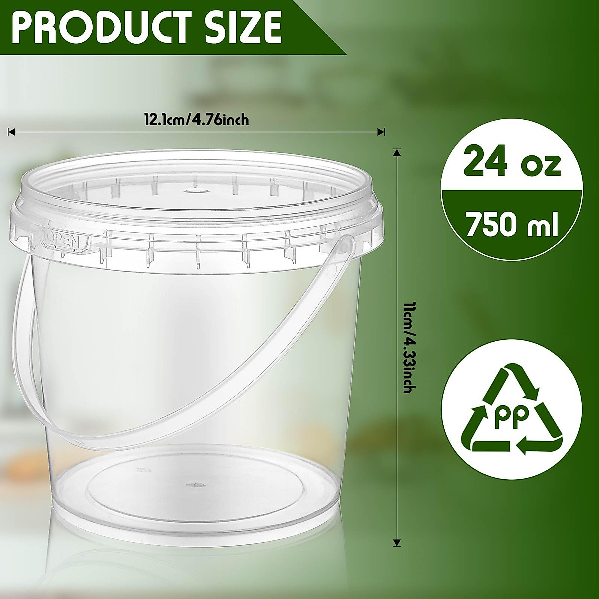 Mifoci 50 Pcs Food Clear Bucket Plastic Gallon Bucket Round Reusable Ice Cream Containers with Lids and Handles Airtight Clear Plastic Tub Freezer Reusable Pail for Kitchen Drinks Home (24oz)