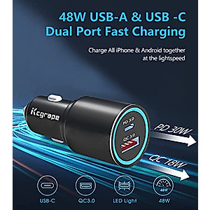 48W USB C Car Charger for iPhone 12 14 13 Pro Max,PD 30W&Quick Charge 3.0 Fast Cigarette Lighter Car Charger Adapter with Cable for Samsung Galaxy A52 A51 A71 A53 A13 5G/A32 A42 A12,Pixel 6 5A 4A XL