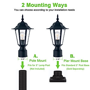 YaoKuem Outdoor Post Light, Pole Lantern, E26 Base 60W Max, Aluminum Housing Plus Glass, Wet Location Rated, Bulbs not Included, Matte Black, 1 Pack