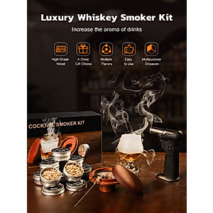 Cocktail Smoker Kit with Torch, [8 Flavors Wood Chips] Domxty Old Fashioned Cocktail Kit/Bourbon/Whiskey Smoker Infuser Kit for Coffee and Flavor Drink, Gifts for Men, Father & Husband (No Butane)