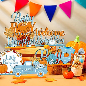 6 Pcs Fall Little Pumpkin Party Decorations Pumpkin Wooden Centerpieces Blue Boy Maple Table Toppers First Birthday Table Centerpieces a Little Pumpkin Baby Boy Table Decor for Boys Fall Party