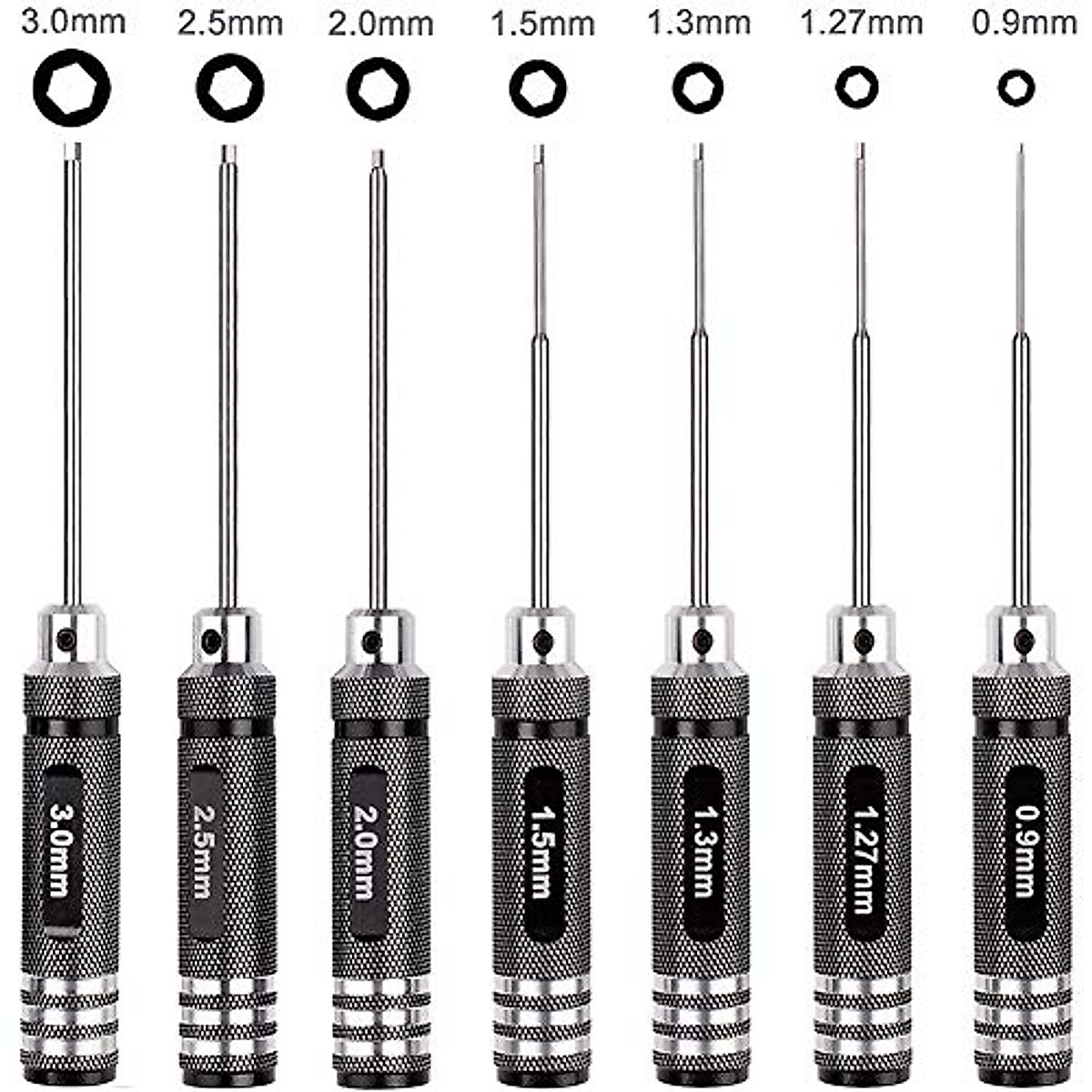 7pcs Hex Screw Driver Set RC Tools Kit 0.9mm 1.27mm 1.3mm 1.5mm 2.0mm 2.5mm 3.0mm Hexagon Screwdriver for Traxxas Arrma Axial Losi Redcat RC Quadcopter Helicopter FPV Racing Drone Models SCX24