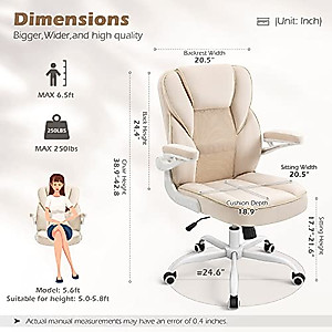 SEATZONE Ergonomic Home Office Desk Chair with Flip-up armrests, 360 Swivel Chair, Comfortable Beige Velvet Fabric Executive Computer Chair with Wheels for Adults and Teens