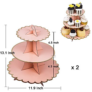 3-Pack Cardboard Cupcake Stand Dessert Tower 3 Tier(2PC) + 1Tier(1PC) Paper Cake Stand (Pink and Gold)