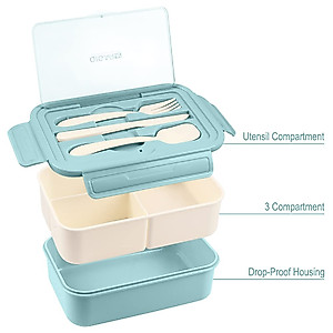NatraProw Bento Box for Adult, 1400 ML Lunch Containers for Adults, LeakProof Lunch Box with Utensils, BPA Free, 3 Compartment Bento Box Microwave Safe, Light Blue