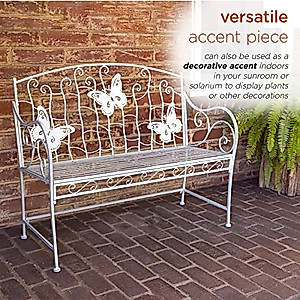 Alpine Corporation Alpine 43" L Indoor/Outdoor 2-Person Metal Garden Butterfly Backrest, White Bench