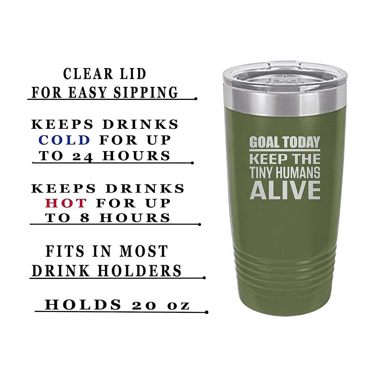 Rogue River Tactical Funny Mom Goal Today Keep The Tiny Humans Alive 20 Oz. Travel Tumbler Mug Cup w/Lid Vacuum Insulated Hot or Cold Mother's Day Gift (Green)