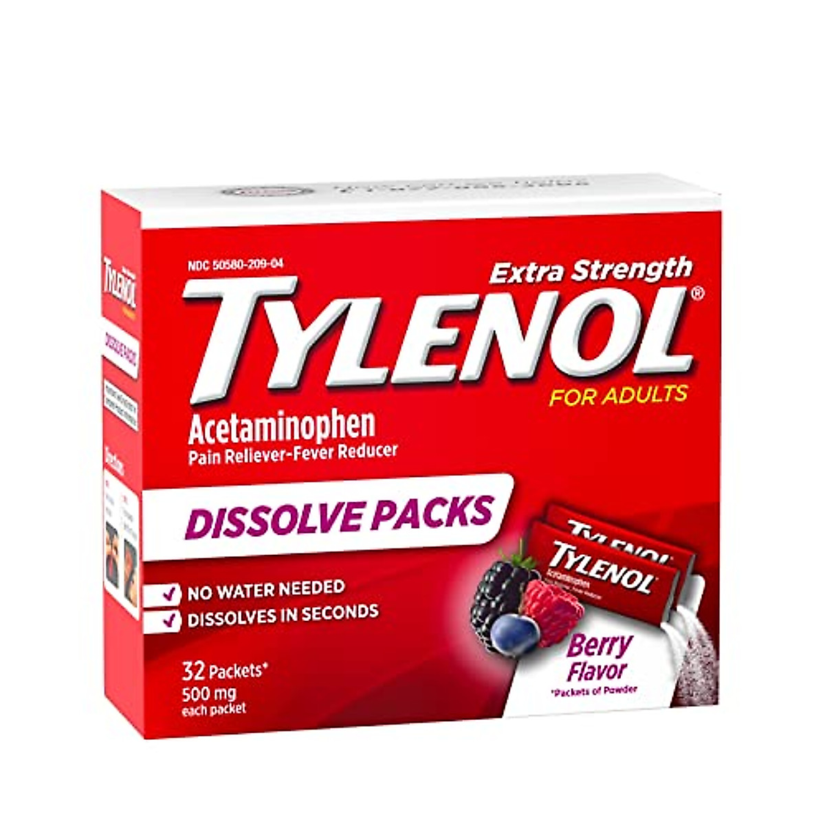 Tylenol Extra Strength Dissolve Packs with Acetaminophen for Pain & Fever, Berry, 32 Count (Pack of 1)