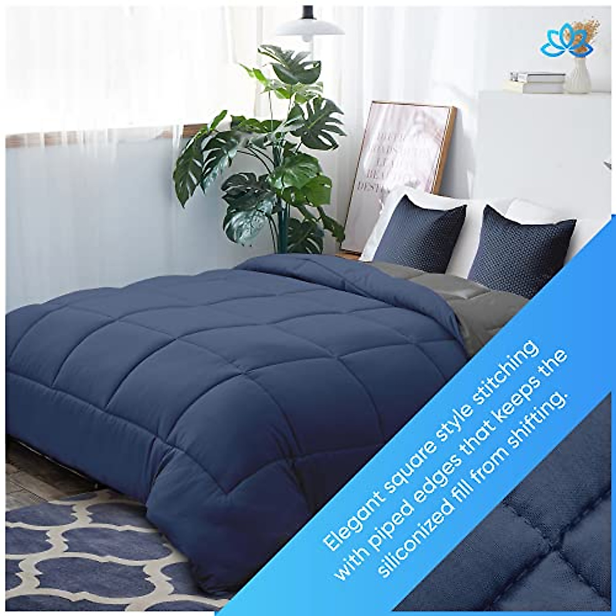 Equinox International, Two Way Cotton All-Season Navy Blue/Charcoal Grey Quilted Comforter - Goose Down Alternative - Reversible Duvet Insert Set - Microfiber Fill (350 GSM) (Queen 88 x 88 Inches)