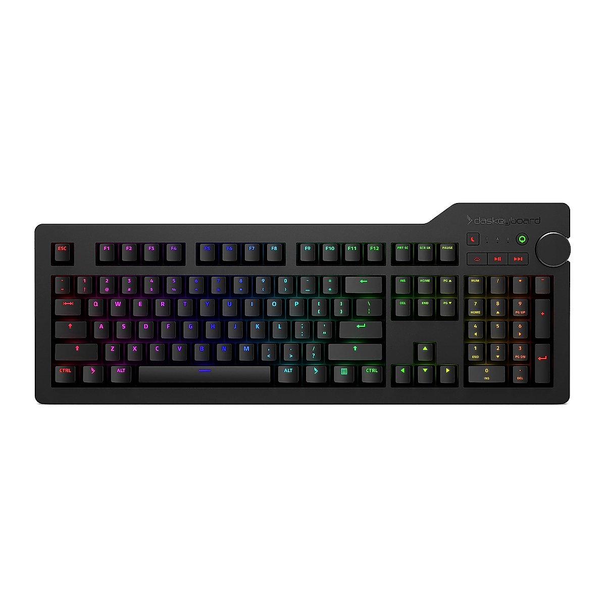 Das Keyboard 4Q Smart RGB Programmable Mechanical Keyboard, Cherry MX Brown Mechanical Switches, 2-Port USB 3.0 Hub, Connect Programs with Q Applets, Volume Knob, Aluminum Top (104 Keys, Black)