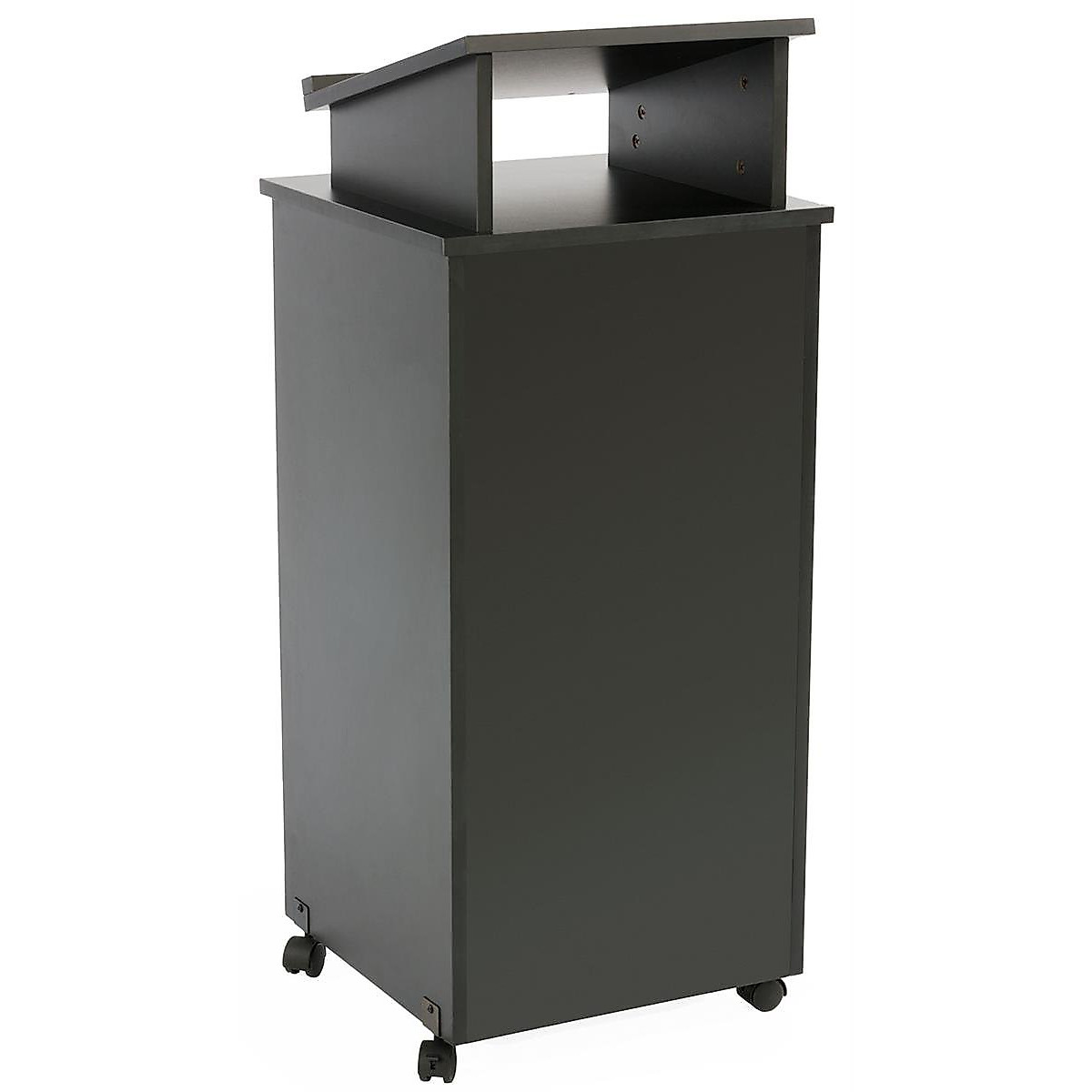Rolling Wood Podium, 44"H, Locking Wheels, 2 Shelf Open Cabinet, Top Surface with Lip (Black)
