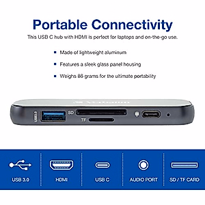 Verbatim 6-in-1 USB C Hub Adapter - 100W Power Delivery, USB 3.0 Ports, SD Card Readers, 3.5mm Audio Port for USB C Laptops + 6FT Monster 4K Ultra HDMI Cable